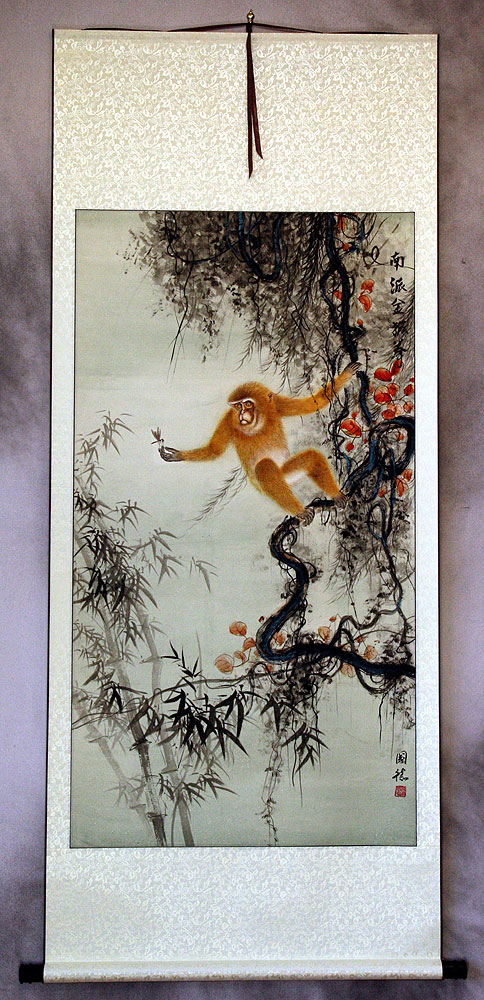 Monkey and Dragonfly - Asian Scroll - Chinese Art