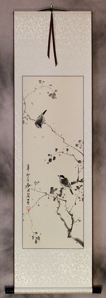 Birds and Leafy Branch Wall Scroll - Asian Art