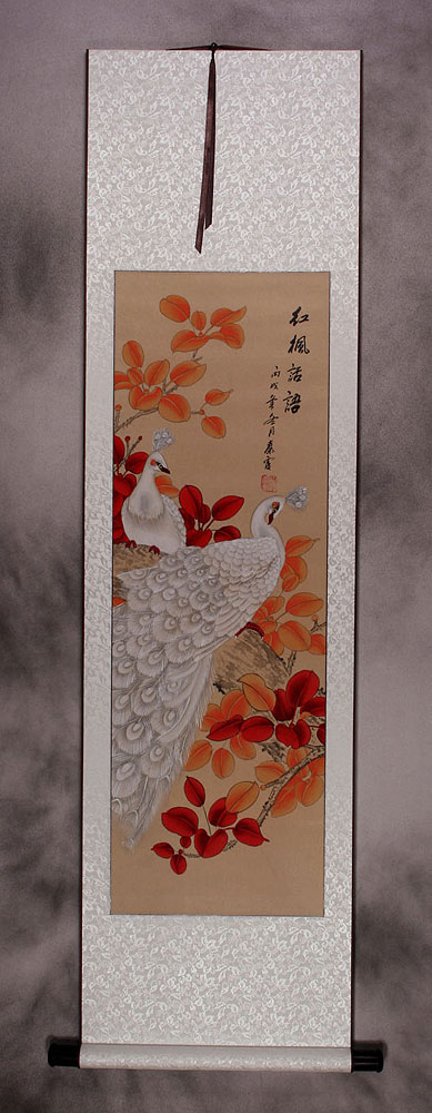 Red Maple Flowers - Autumn Peacock Wall Scroll