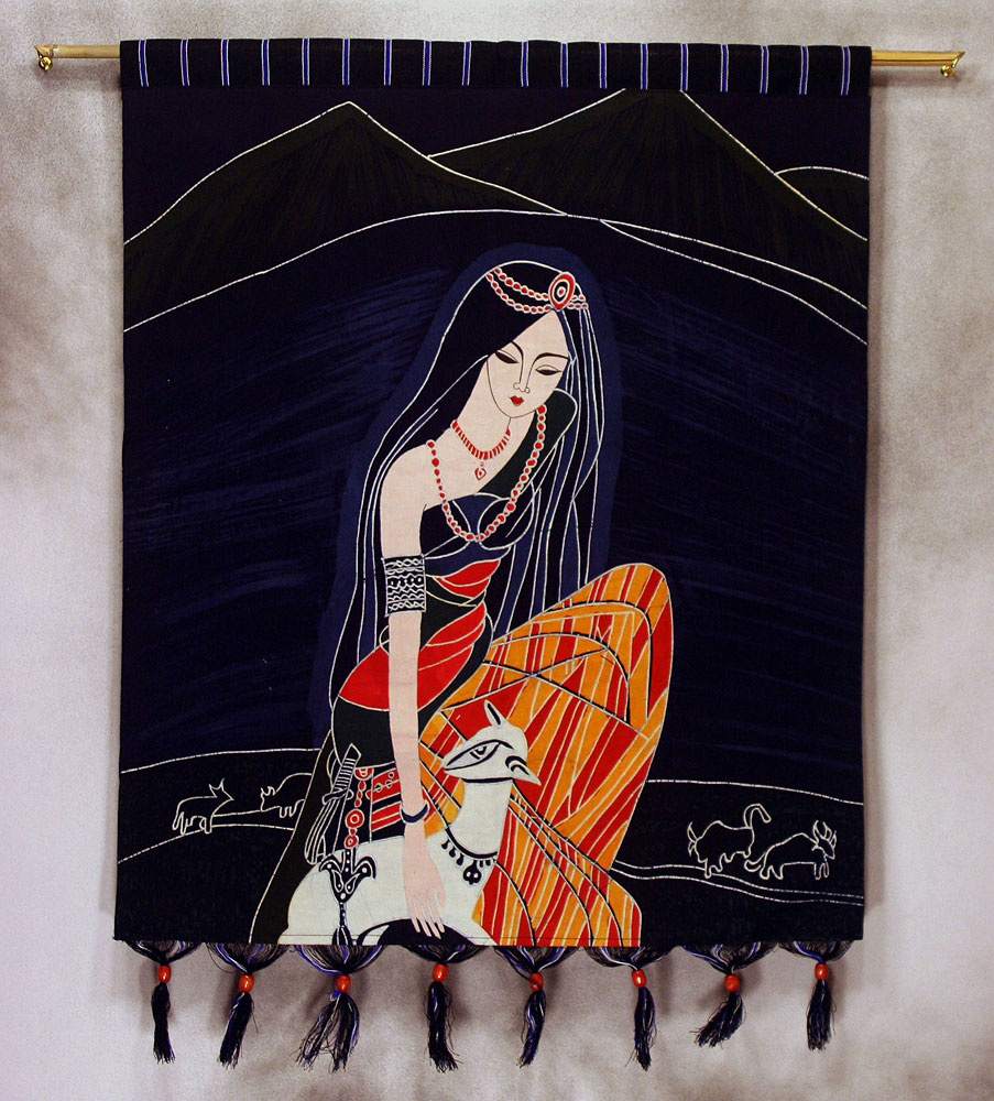 Tribal Ethnic Women and Lamb Colorful Batik Wall Hanging Art