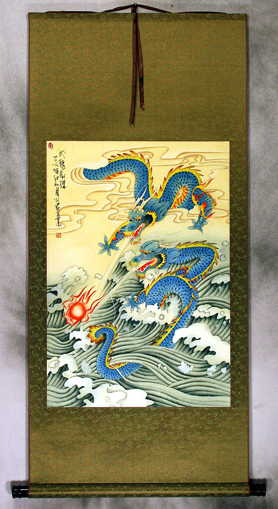 Two Dragons Pearl Fireball Revelry - Wall Scroll
