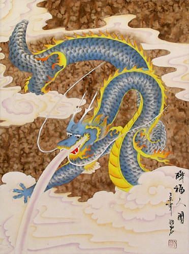 Good Luck Blue Dragon - Chinese Scroll - Asian Art
