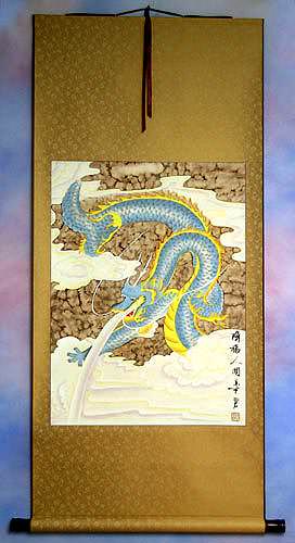 Good Luck Blue Dragon - Chinese Scroll - Asian Art