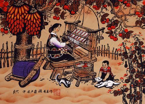 Chinese Loom - Weaving Folk Art Painting - Asian Artwork