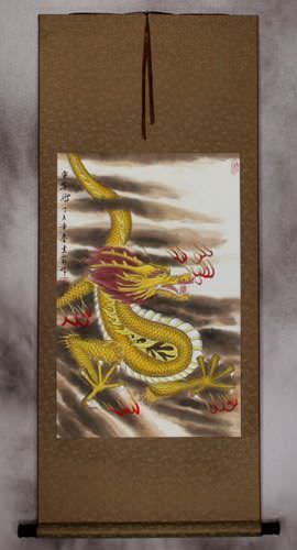 Golden Chinese Dragon - Silk Scroll - Asian Art